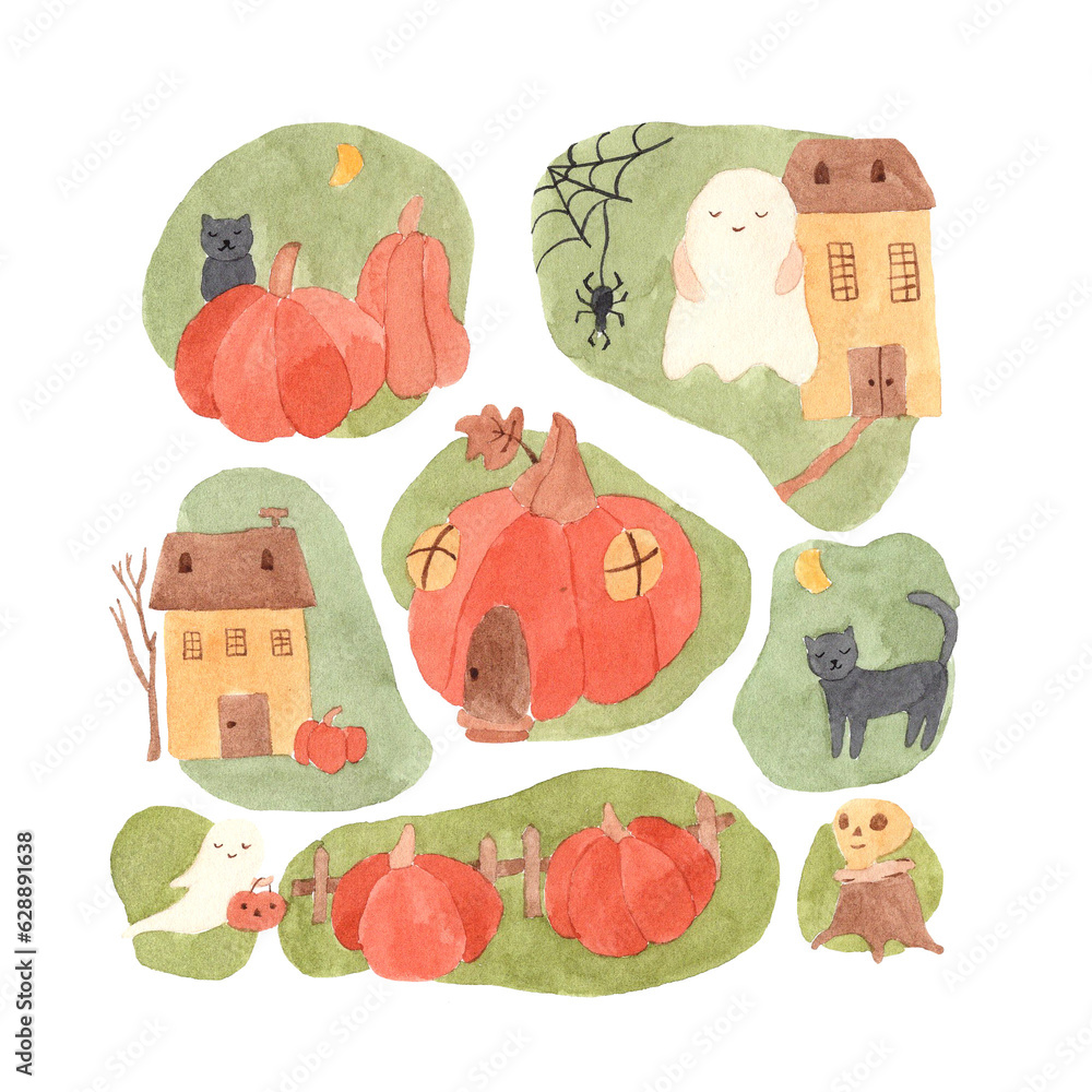 Watercolor Halloween Clipart Illustration - pumpkins with a black cat ...