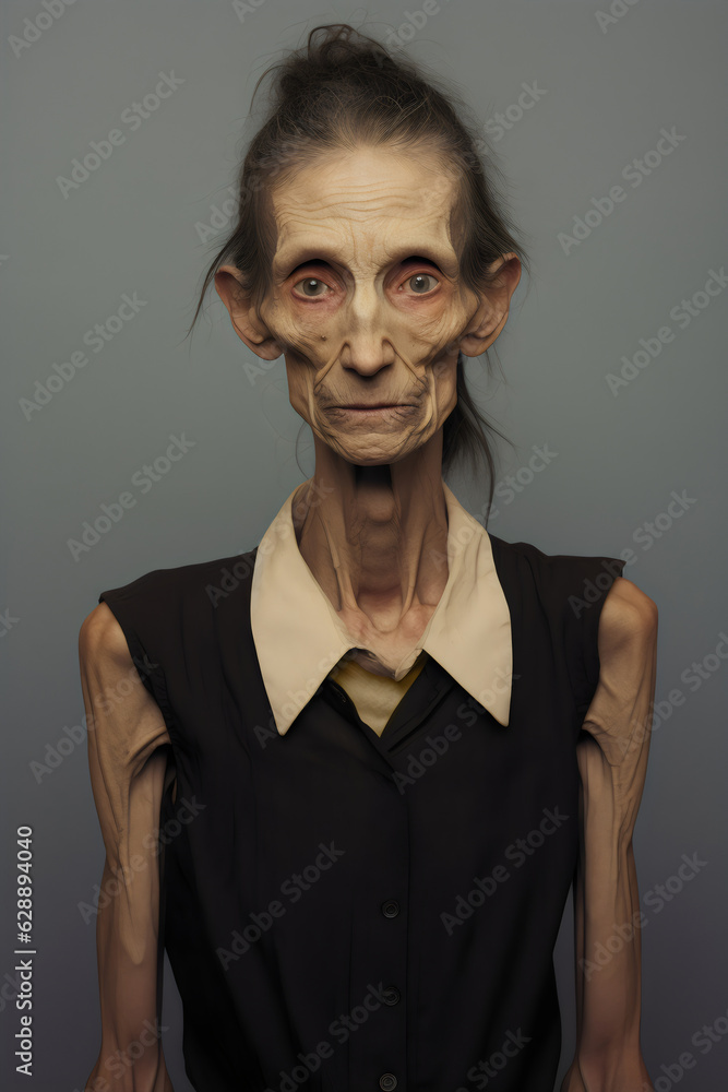 emaciated thin older woman isolated on plain gray studio background ...