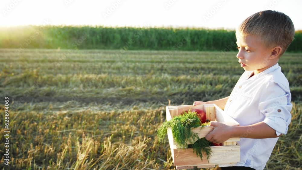 Farmers mom happy smiling son carrying wooden box in vegetables ...