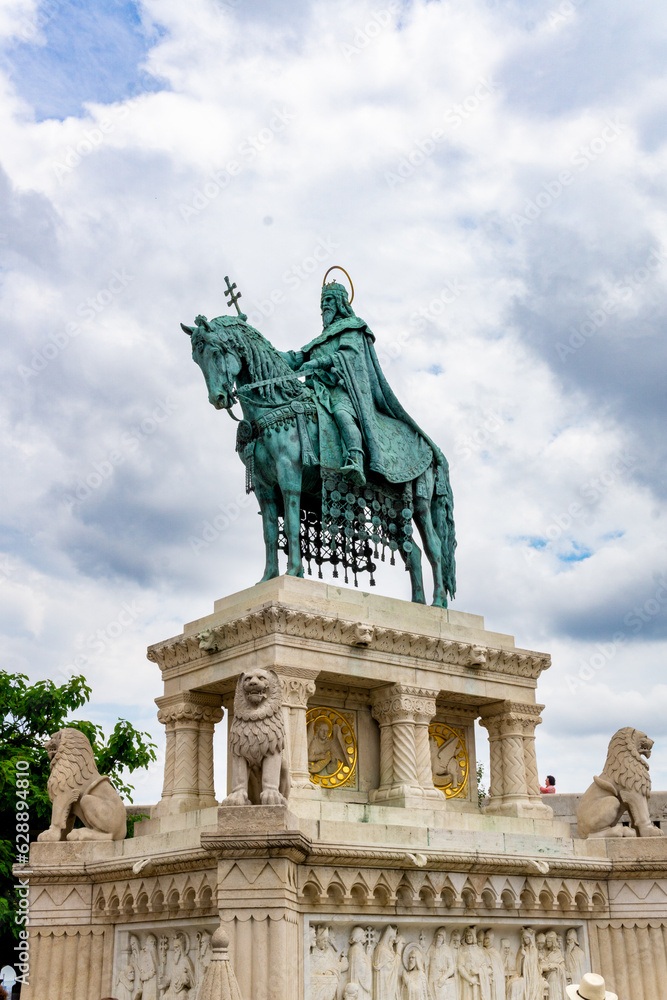 Budapest, HU – June 11, 2023 View of St. Stephen Statue. This bronze ...