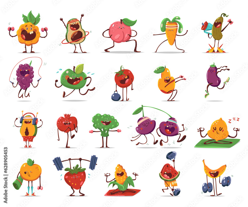 Cute fruits and vegetables doing fitness exercises vector cartoon ...