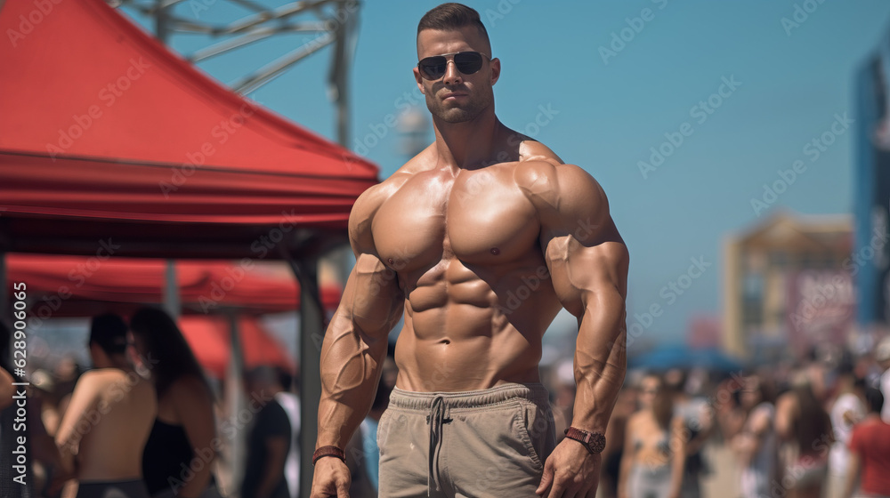 Large Shirtless Muscular Man At Beach Concert Off Muscles Sunglasses Six Pack Biceps Concept