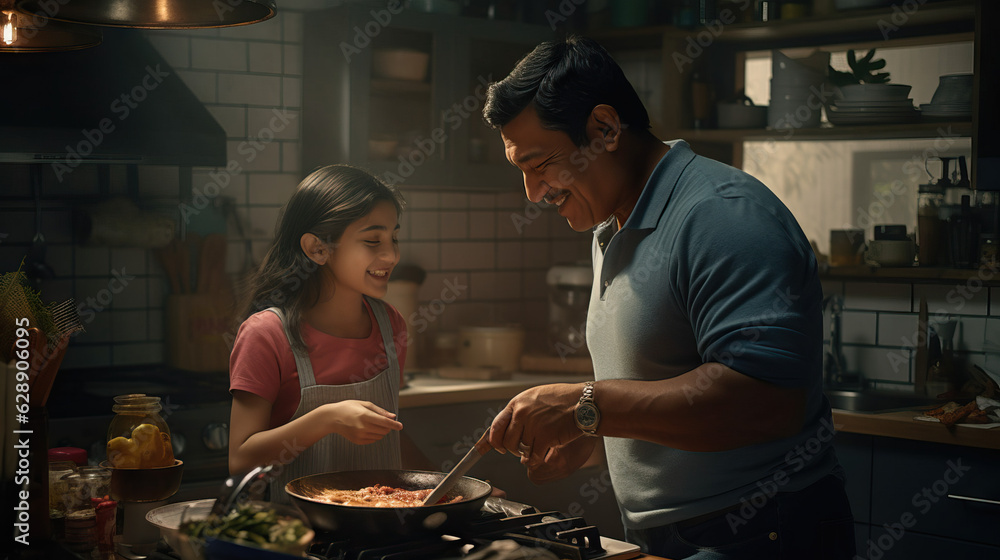 Mexican Father in the Kitchen Teaching Daughter How to Make a Dish. Hot ...