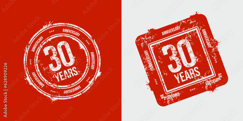 Poster Group of 30th anniversary logos drawn as stamps, red frames for ...