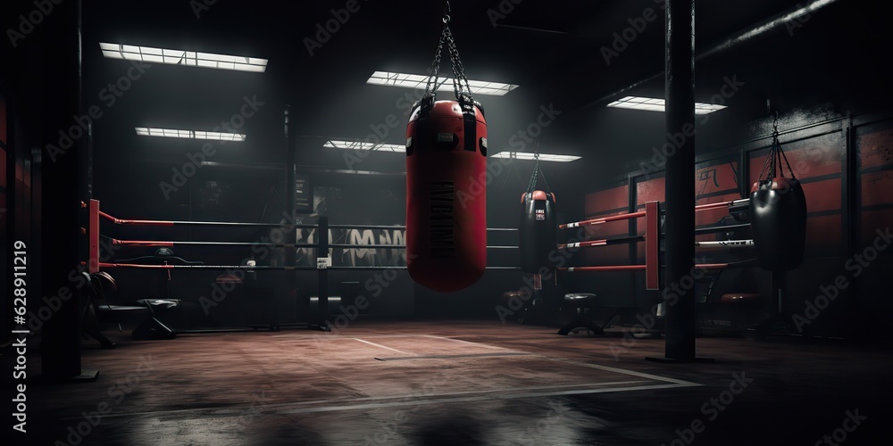 AI Generated. AI Generative. Dark vintage retro old gym boxing bag ...