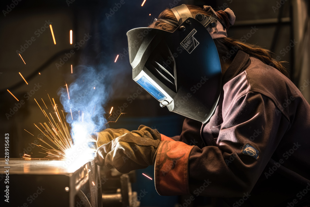 Woman in welding helmet working on piece of metal in workshop, sparks ...