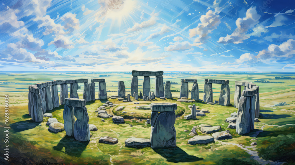 oil painting on canvas, Stonehenge with Blue Sky. (ai generated) Stock ...