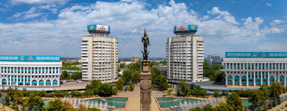 Almaty, Kazakhstan, 07.28.2023. Aerial view of the bronze sculpture of ...