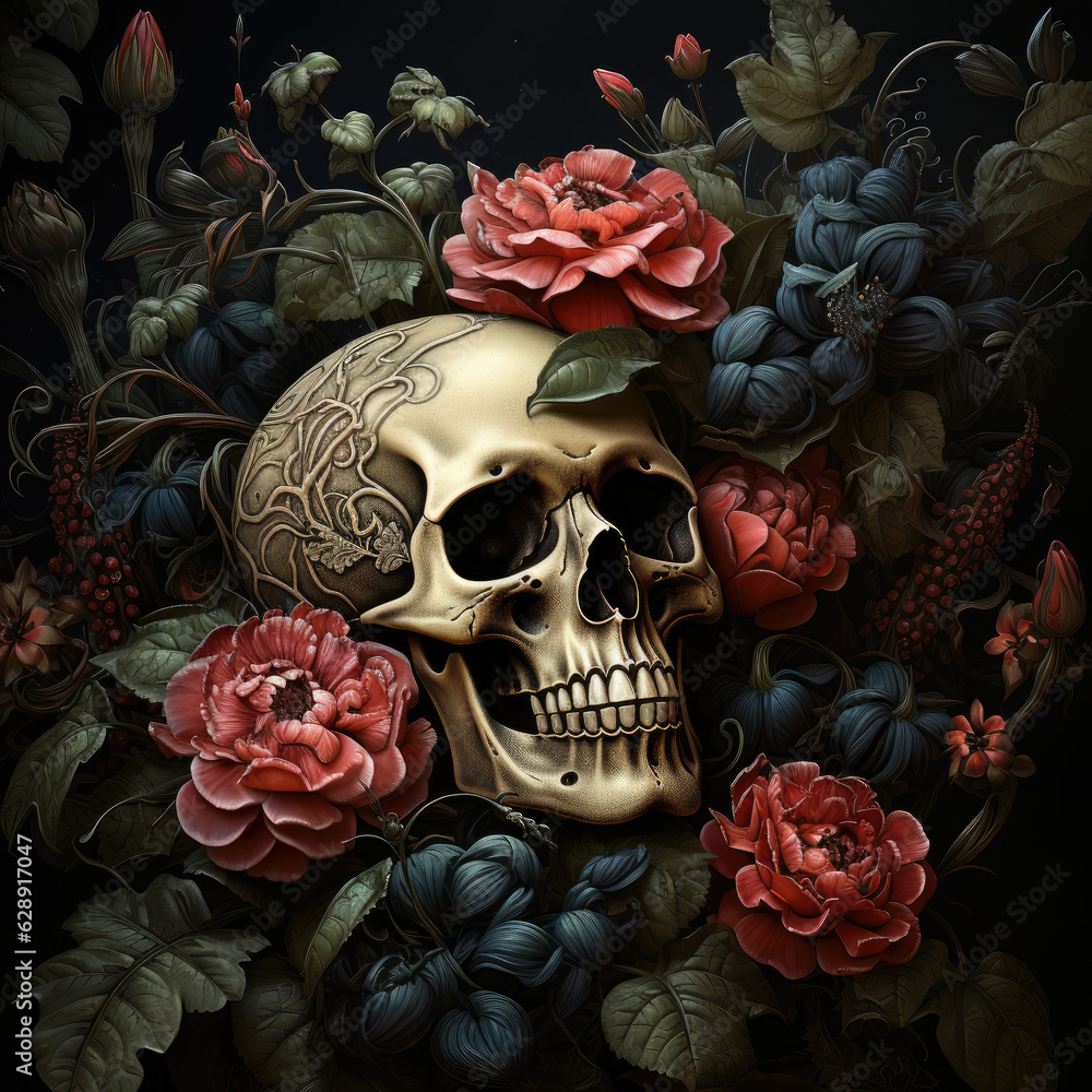 Beautiful detailed gothic skulls spiders and flowers, background ...