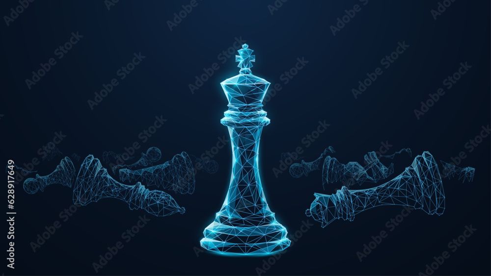 Abstract low poly 3d king chess piece in front of defeated chess ...