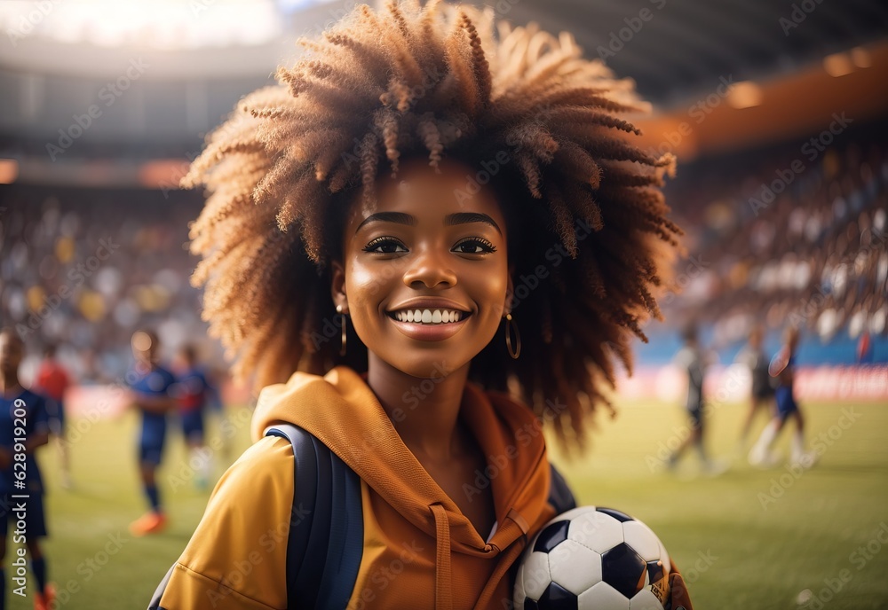 Beautiful smile attractive afro girl as soccer fan with blurred stadium ...