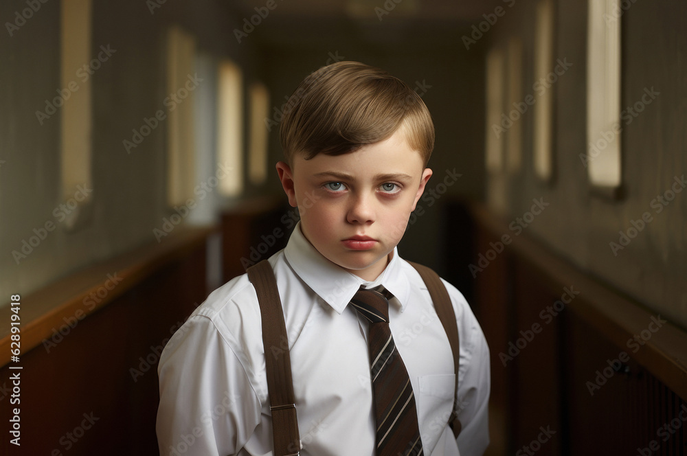 Portrait of a young friendly elementary school boy in the school hall ...