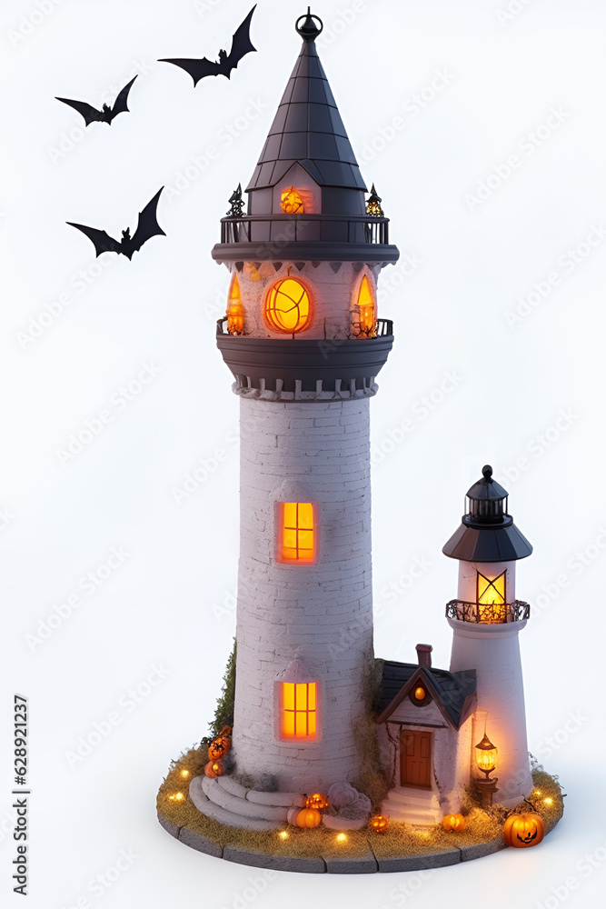 cartoon fantastic lighthouse 3D with light from the windows on a white ...