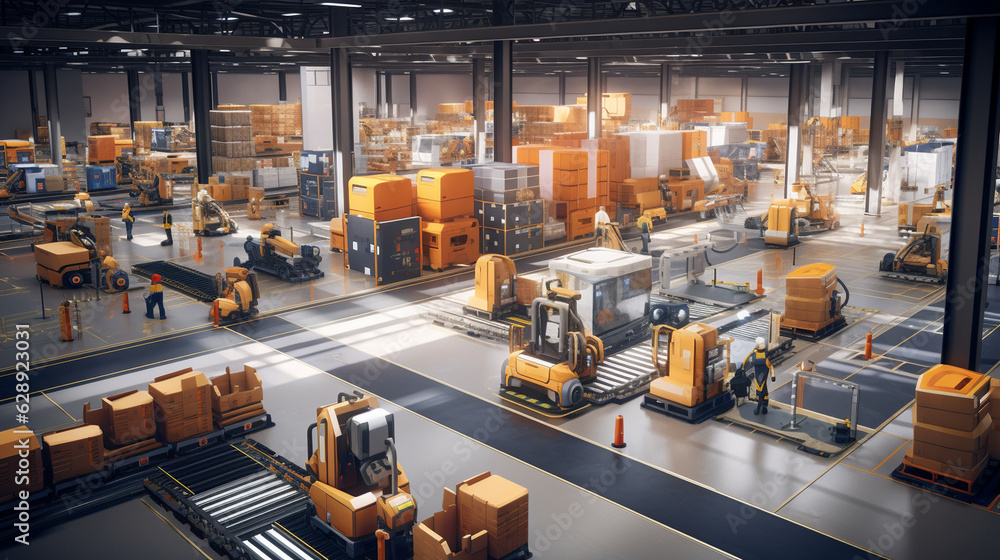 Craft an expansive cargo storage warehouse with automated conveyor ...