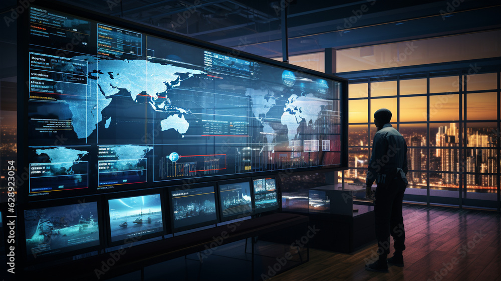 Create a high-tech cargo tracking center with an array of large display ...