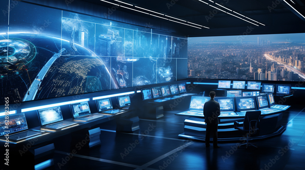 Design a futuristic cargo logistics control room with a 360-degree ...
