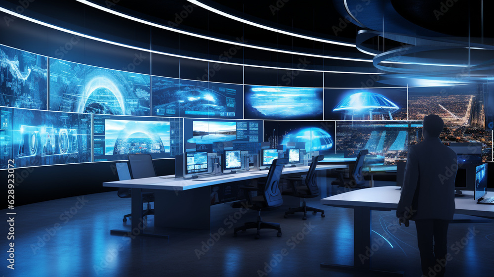 Design a futuristic cargo logistics control room with a 360-degree video wall, allowing ...