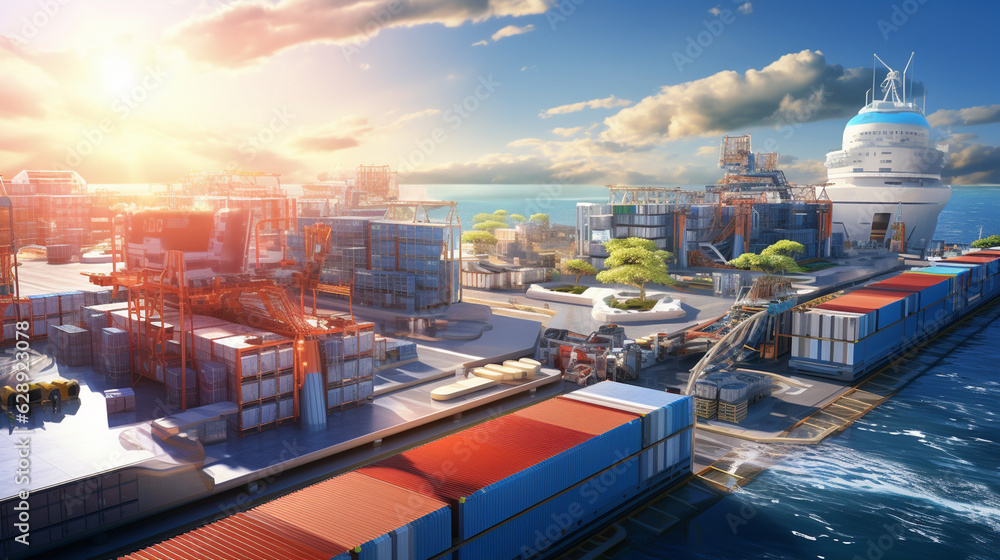 Craft an eco-friendly cargo port with solar panels, wind turbines, and ...