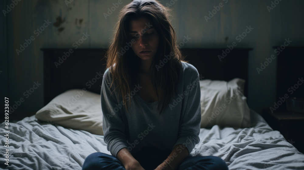 Woman Suffering From Depression Sitting On Bed In Pajamas Stock Photo ...