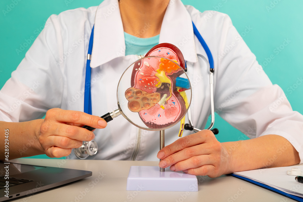Male doctor showing a model of human kidney using magnifying glass. Early diagnosis and ...