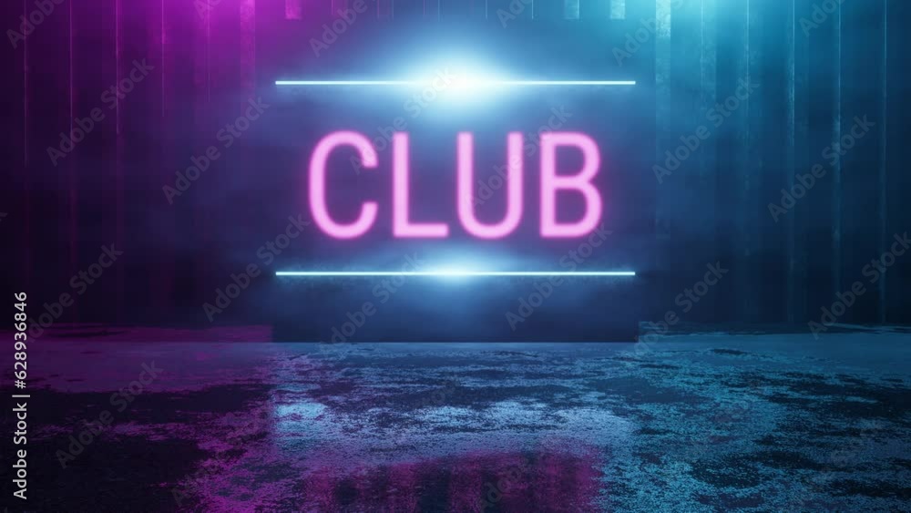 Neon Club sign on an old concrete wall illuminated by flashing lights ...