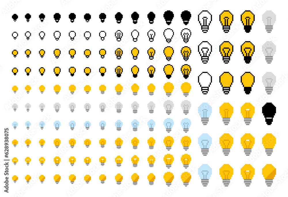 8 bit lightbulb idea icon sheet, pixel ideas lightbulb, pixelated light ...