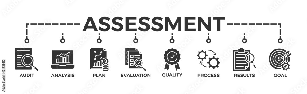 Assessment banner web icon vector illustration for accreditation and evaluation method on ...