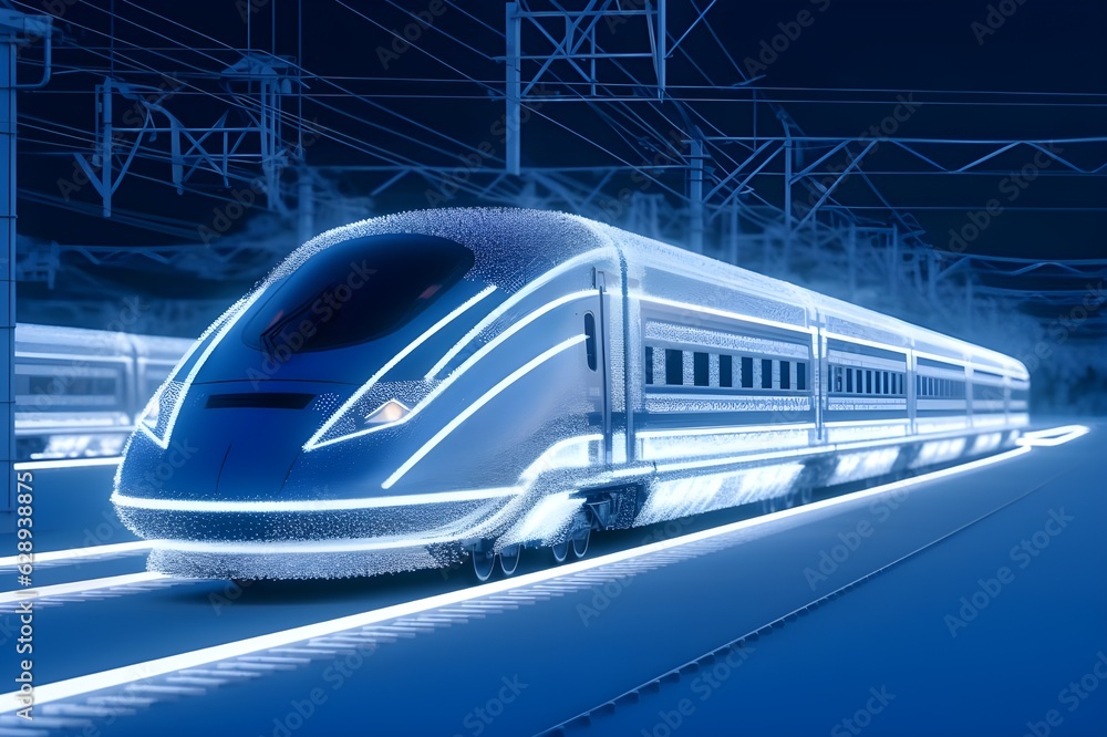 Train blue wireframe with white lights charming on it, blueprints of ...