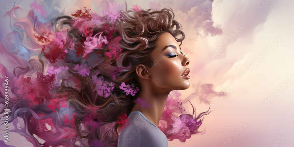 human profile in pastel colors, nature inside, overthinking, brain ...