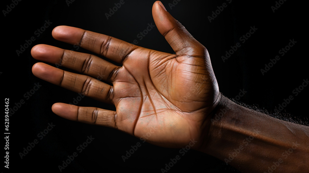 Photo realistic image of open palm of dark-skinned hand, facing upwards ...