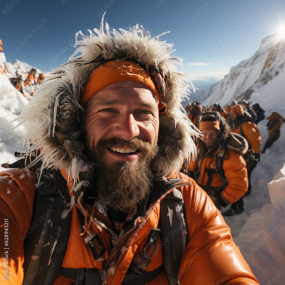 mount Everest climber taking selfie while climbing, full climbing gear ...