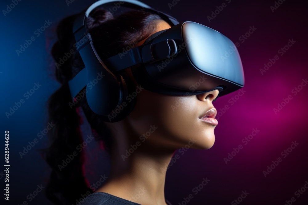 Woman girl gamer lady female computer technology VR headset 3d virtual ...