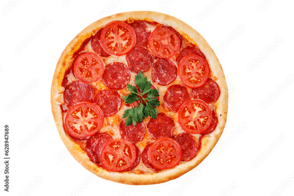pizza with, pepperoni, tomato, mozzarella on a white background for the ...