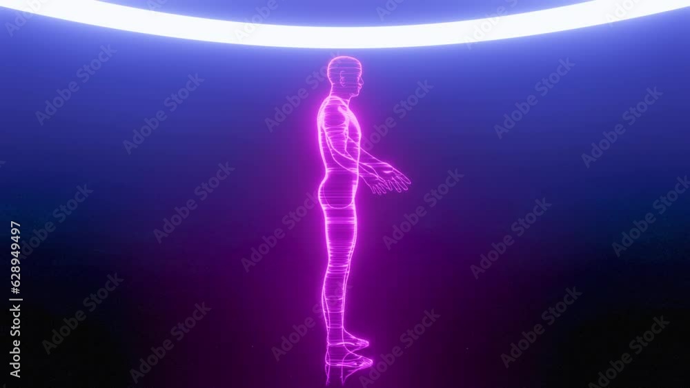 A violet futuristic, Human hologram rotation In a fantastic cosmic ...