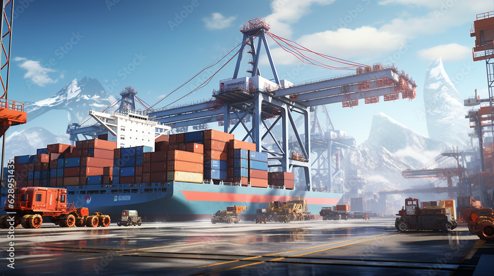 Design a floating cargo transfer station, equipped with massive cranes ...