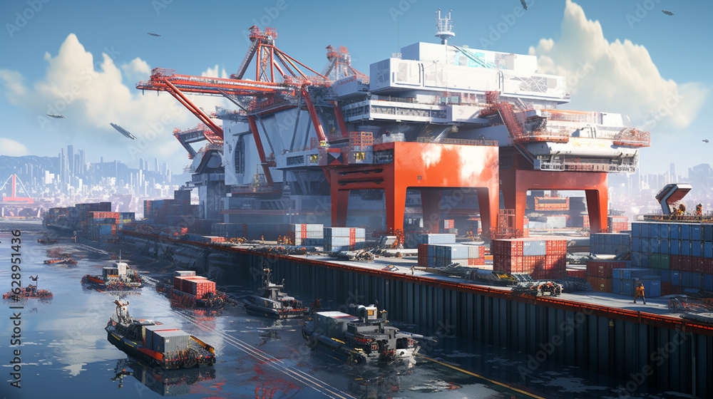Design a floating cargo transfer station, equipped with massive cranes ...