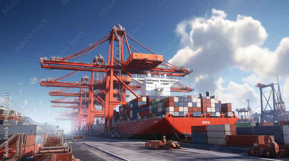 Design a floating cargo transfer station, equipped with massive cranes ...