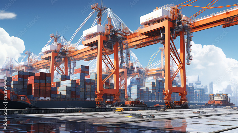 Design a floating cargo transfer station, equipped with massive cranes ...