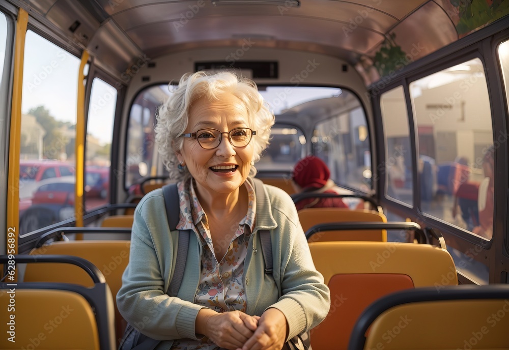 Very happy old woman inside bus Stock Photo | Adobe Stock