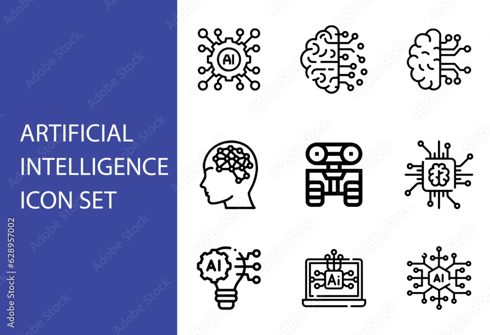artificial intelligence icon set in line style, machine learning, smart robotic and cloud ...