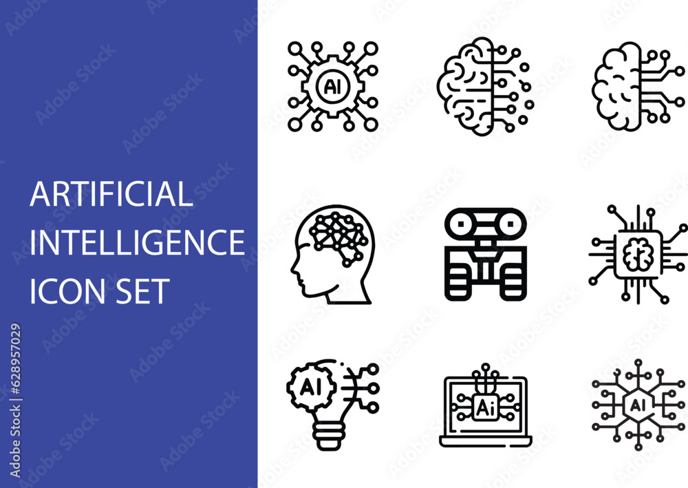artificial intelligence icon set in line style, machine learning, smart robotic and cloud ...