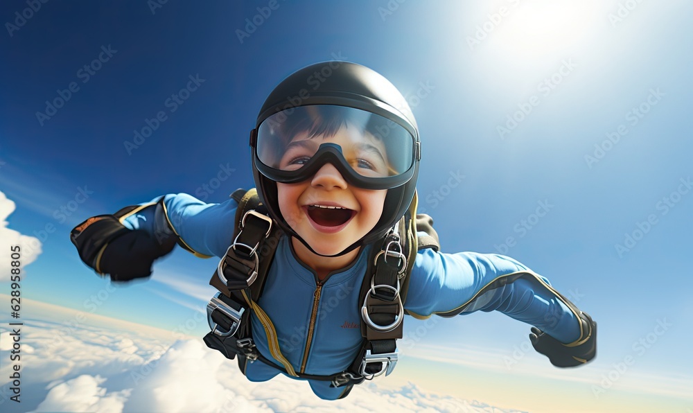 The baby boy soars through the sky, skydiving with delight. Stock ...