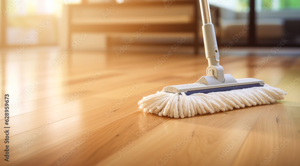 Floor cleaning with mob and cleanser foam. Cleaning tools on parquet ...