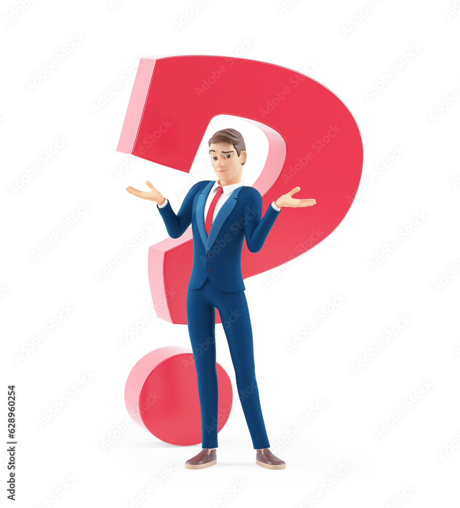 3d cartoon businessman standing in front of question mark Stock ...