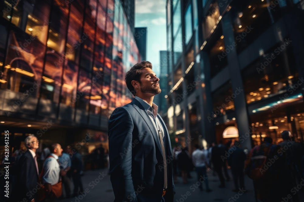 Confident wealthy businessman executive standing in the modern big city ...