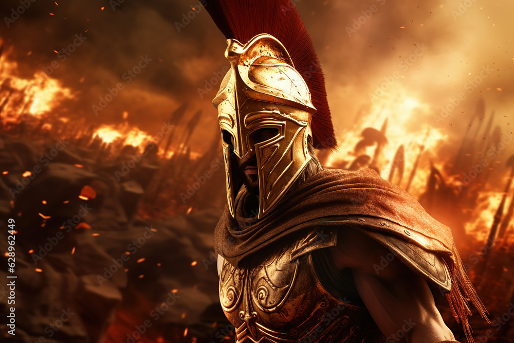 spartan king demigod in golden armor and helmet, holding spear and ...