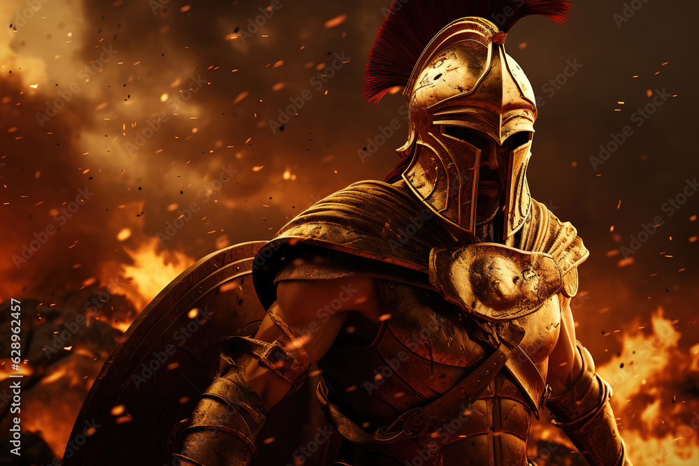 spartan king demigod in golden armor and helmet, holding spear and ...