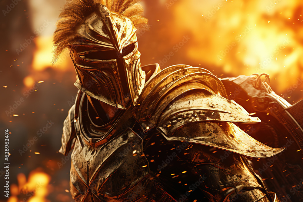 spartan king demigod in golden armor and helmet, holding spear and ...