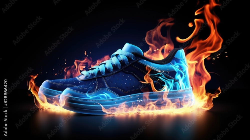 Burning shoes. Sneakers or gym shoes on fire. burnout from physical ...