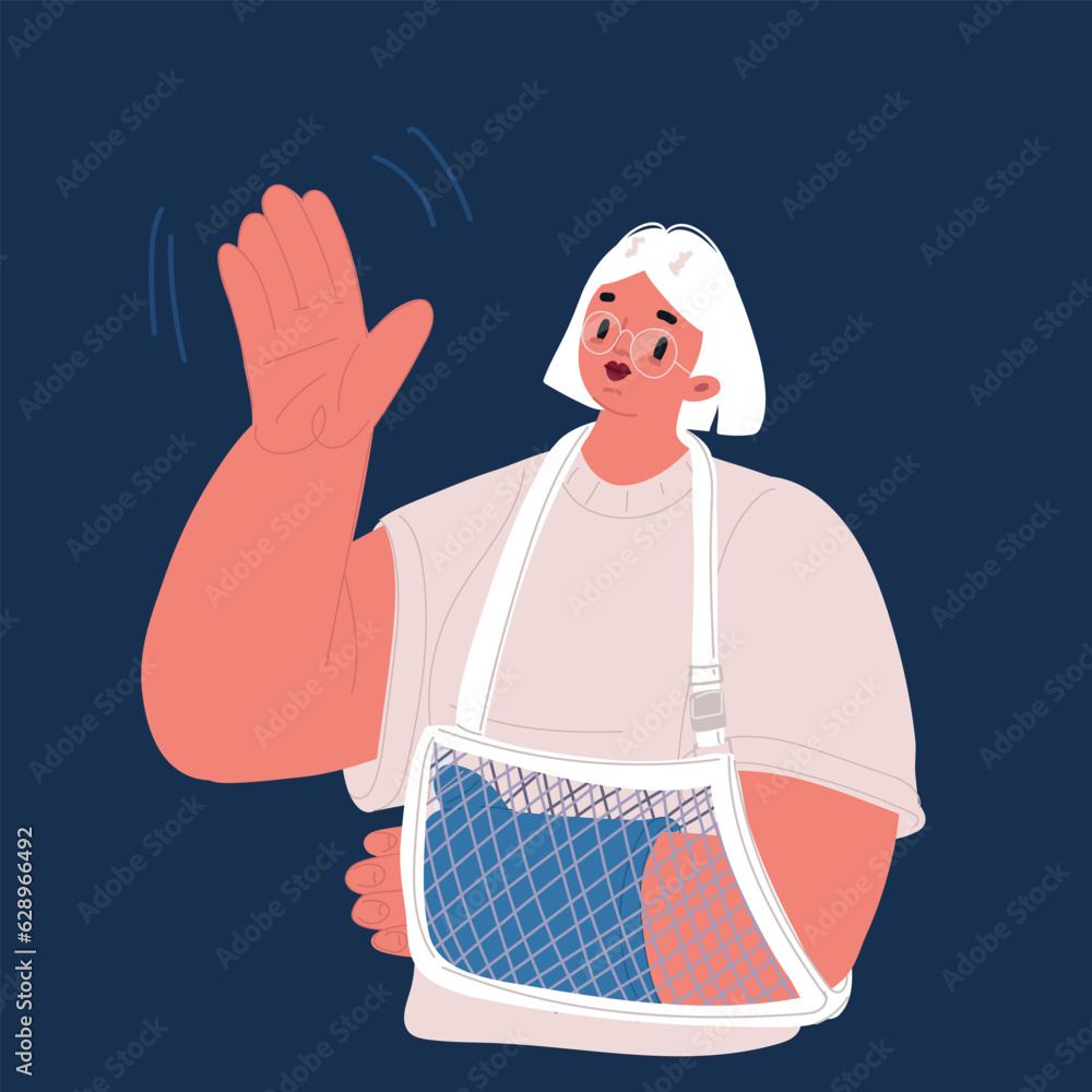Cartoon vector illustration of woman broken arm in plaster cast splint ...